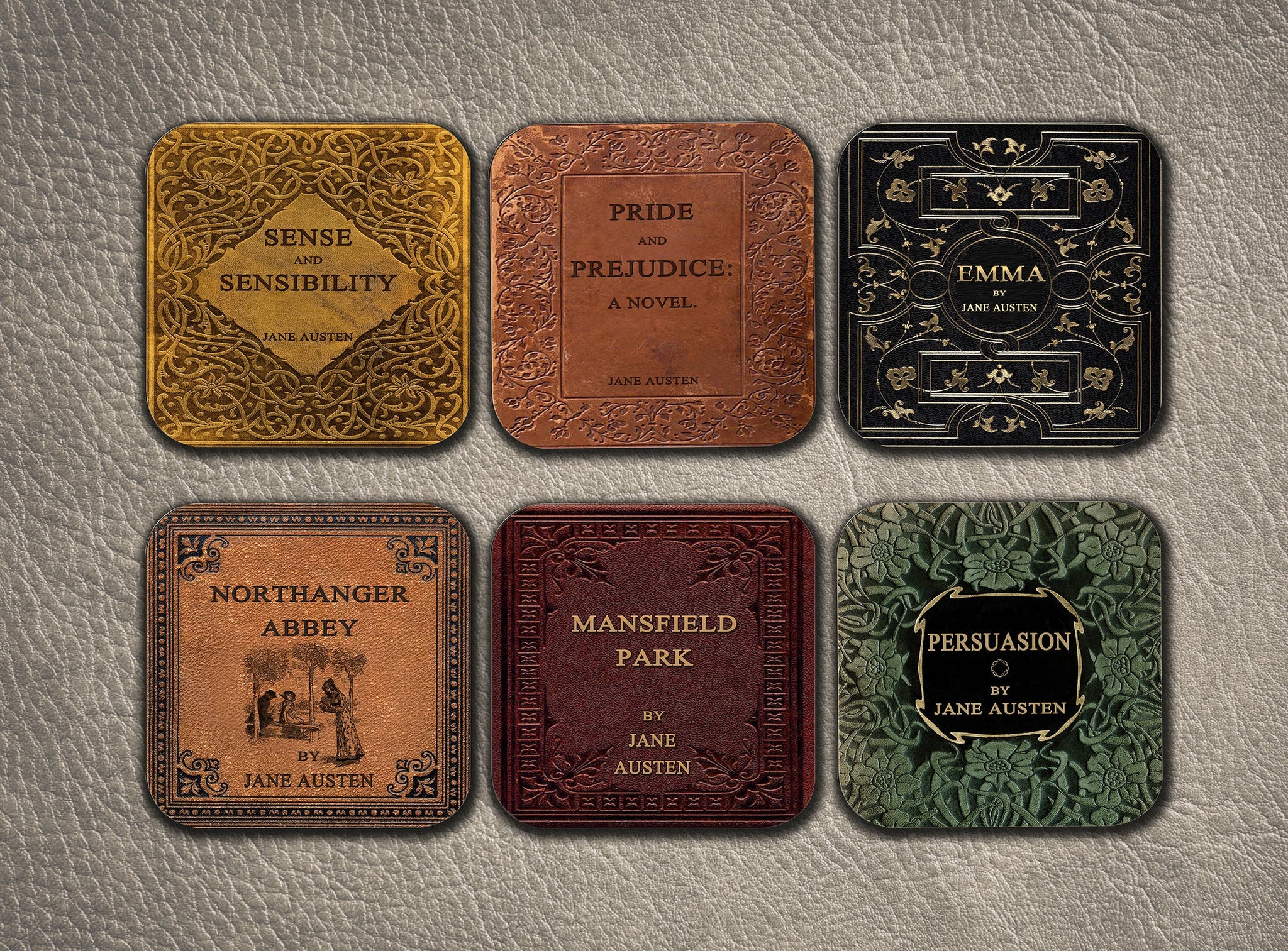 6 coasters with Complete Novels of Jane Austen. Six Coffee Mug Coaster ...